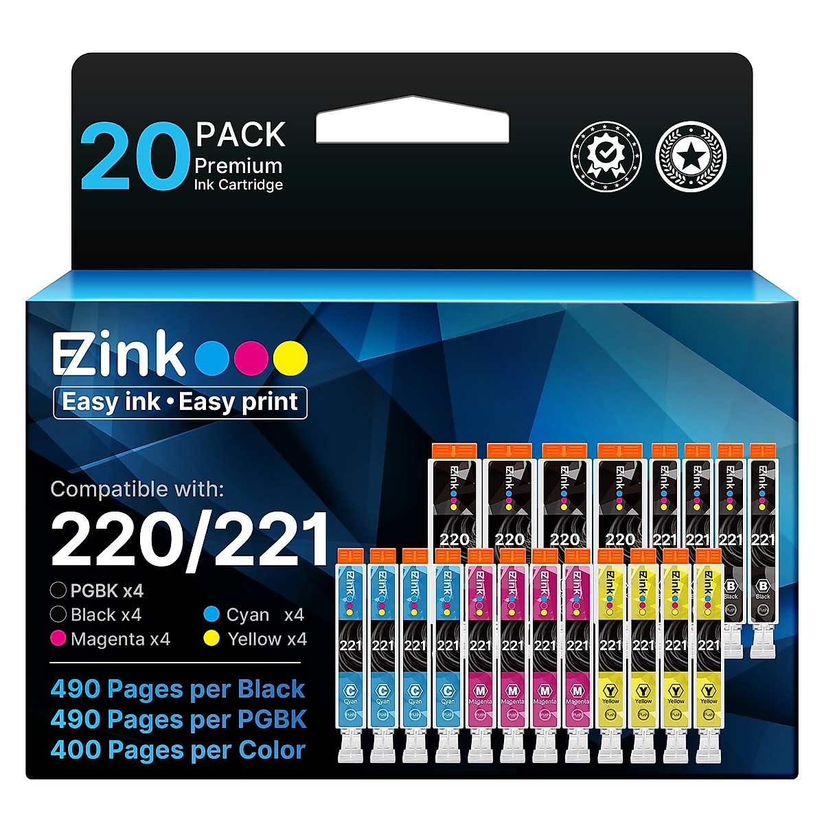 E-Z Ink (TM Compatible Ink Cartridge Replacement for Canon PGI220 PGI-220 CLI221 CLI-221 to use with MX870 MX860 MP620 MP560 MP980 (4 Large Black, 4 Cyan, 4 Magenta, 4 Yellow, 4 Small Black) 20 Pack