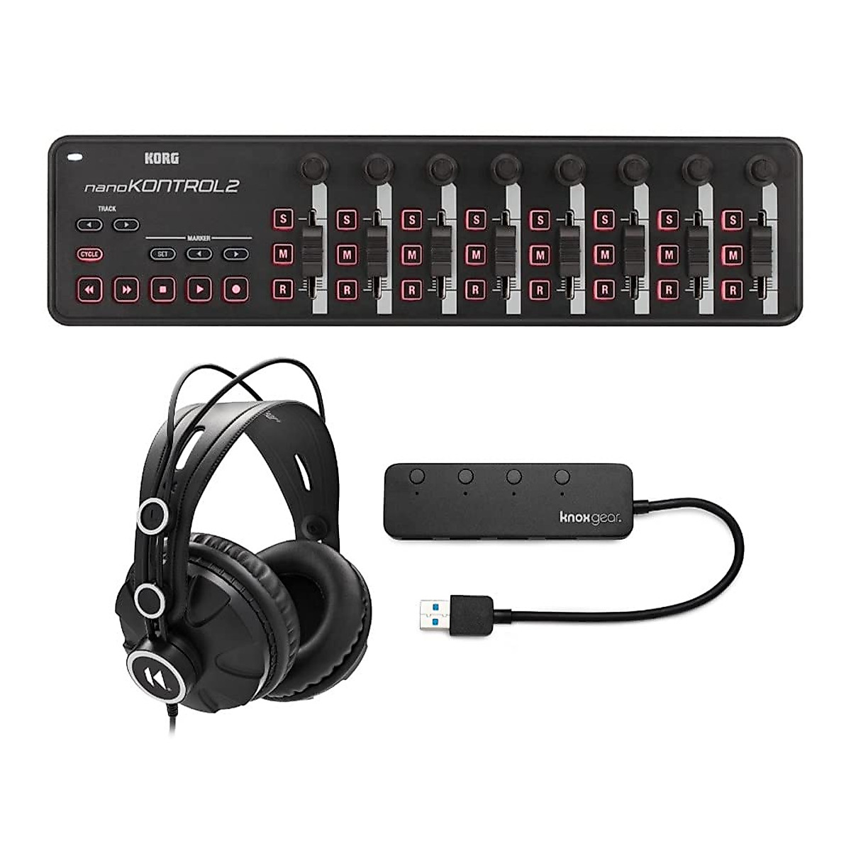 Korg nanoKONTROL2 Slim-Line USB MIDI Controller (Black) with TX-100 Closed-Back Studio Monitor Headphones and 3.0 4 Port USB Hub (3 Items)