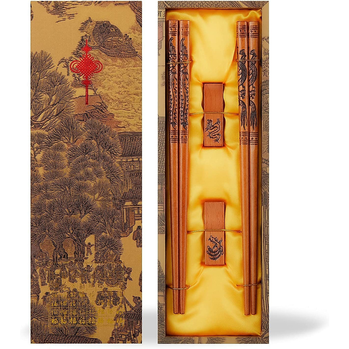 CAEKAIGTA Chopsticks Reusable, Wooden Dragon and Phoenix Chopsticks, Reusable Chopsticks Dishwasher Safe,Chopsticks Set Gift Box packaging（2 pairs）