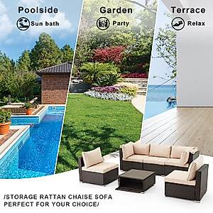 HOMREST 6 Pieces Patio Furniture Sets, Rattan Daybed with Retractable Canopy, Outdoor Sectional Sofa Set with Adjustable Backrest, Chaise Chair Sunbed for Garden Poolside Backyard (Khaki)