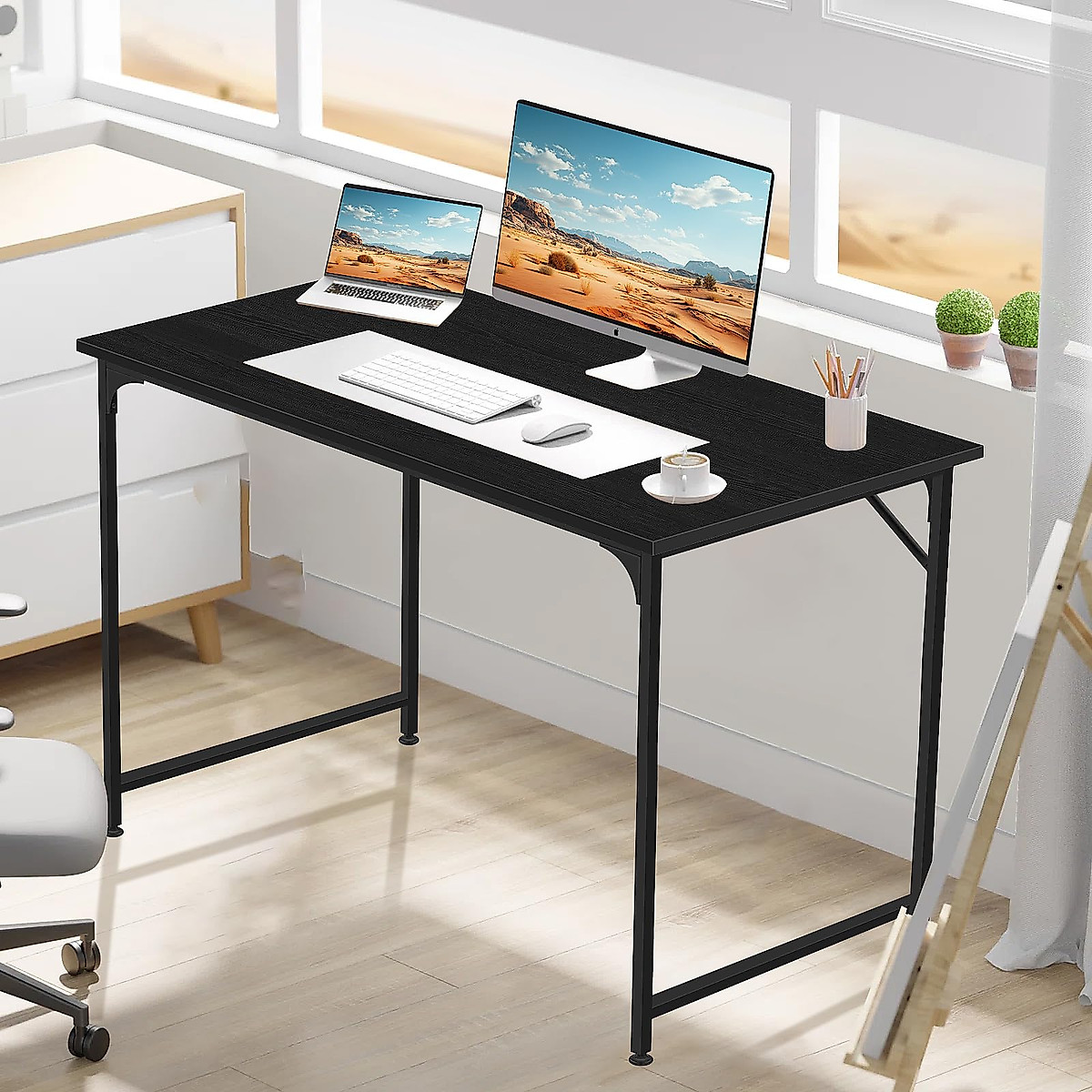 BLKMTY 47" Computer Desk Home Office Desk Writing Desk Wood PC Study Table Work Desk Modern Simple Style Laptop Table with Metal Frame and Smooth Tabletop for Workstation Bedroom Desk, Black