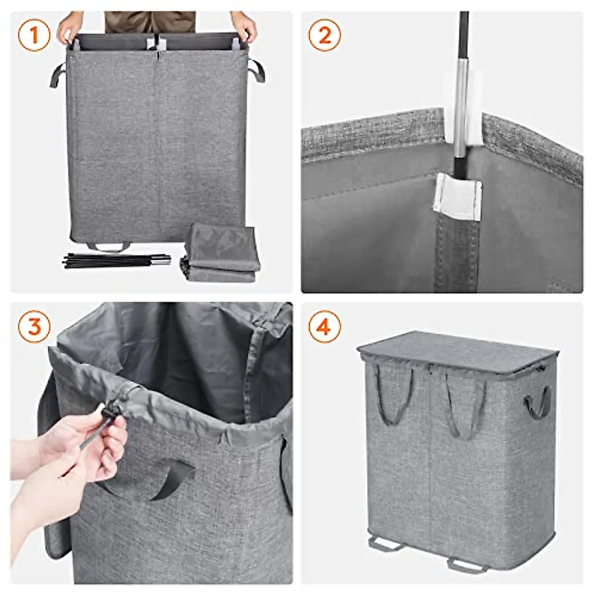 Lifewit Double Laundry Hamper with Lid and Removable Laundry Bags, Large Collapsible 2 Dividers Dirty Clothes Basket with Handles for Bedroom, Laundry Room, Closet, Bathroom, College, Grey and Blue