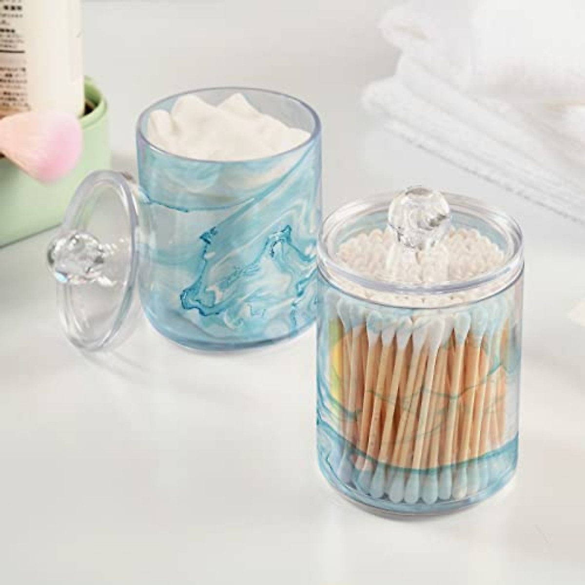 2 Pack Qtip Holder Organizer Dispenser Light Blue Marble Bathroom Storage Canister Cotton Ball Holder Bathroom Containers for Cotton Swabs/Pads/Floss