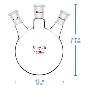 StonyLab Glass 3 Neck Round Bottom Flask RBF, with 24/40 Center and Side Standard Taper Outer Joint (1L)