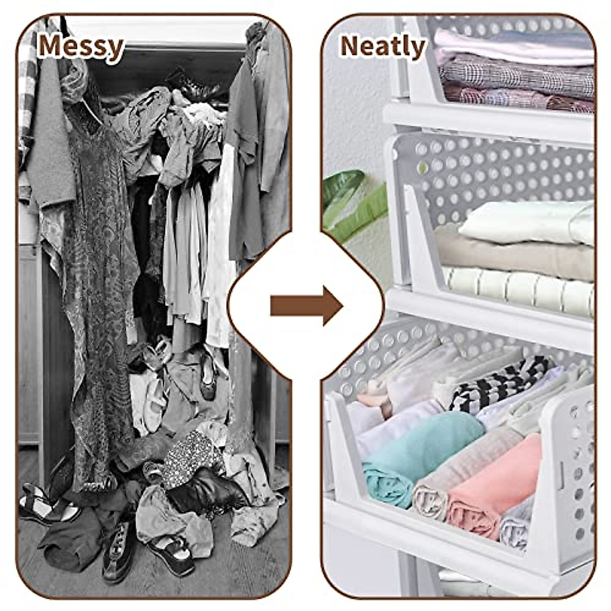 Mupera Stackable Plastic Storage Basket - Upgraded Large White Folding Storage Bins, Plastic Push-pull Clothes Organizer Shelf, Collapsible Storage Organizer for Wardrobe Bathroom Kitchen (4 Pack)