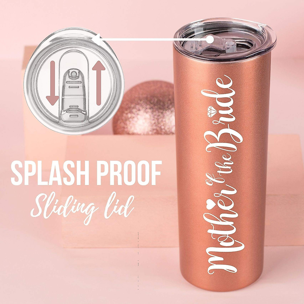 Onebttl Mother of The Bride Gifts, 20oz Stainless Steel Skinny Tumbler with Lid and Straw On Wedding Party for Brides Mom from Brides, Daughters (Rose Gold)