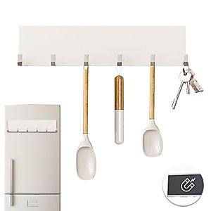 EOREA Magnetic Key Holder with 6 Hooks - Wall Adhesive Rack Hanger for Entryway, Refrigerator, Kitchen, Laundry Room (White)