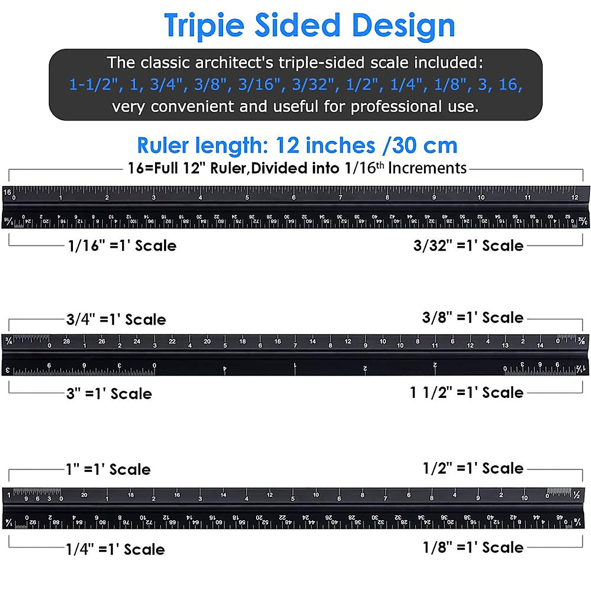 Architectural Scale Ruler,12" Aluminum Architect Triangular Ruler Engineers Ruler,Construction rulers for Architects, Blueprint,Students, Draftsmen and Engineers by Soraco(Black)