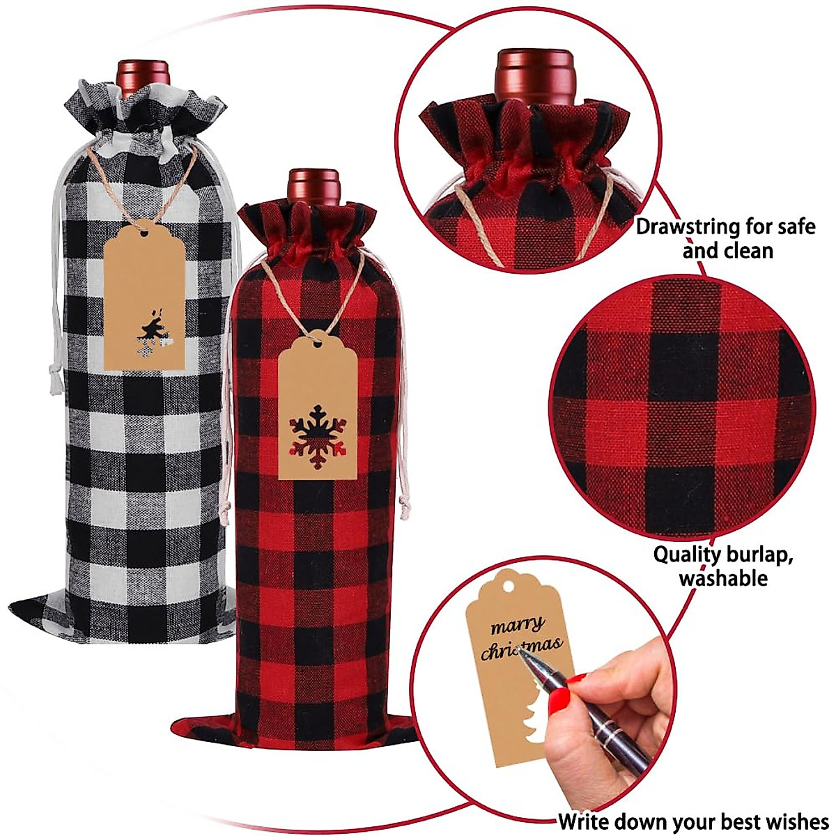 DULEFUN 12pcs Christmas Wine Bags, Christmas Wine Burlap Bags Buffalo Plaid Wine Bags Reusable Xmas Wine Bottle Clothes Covers for Christmas Wedding New Year Holiday Party Decor