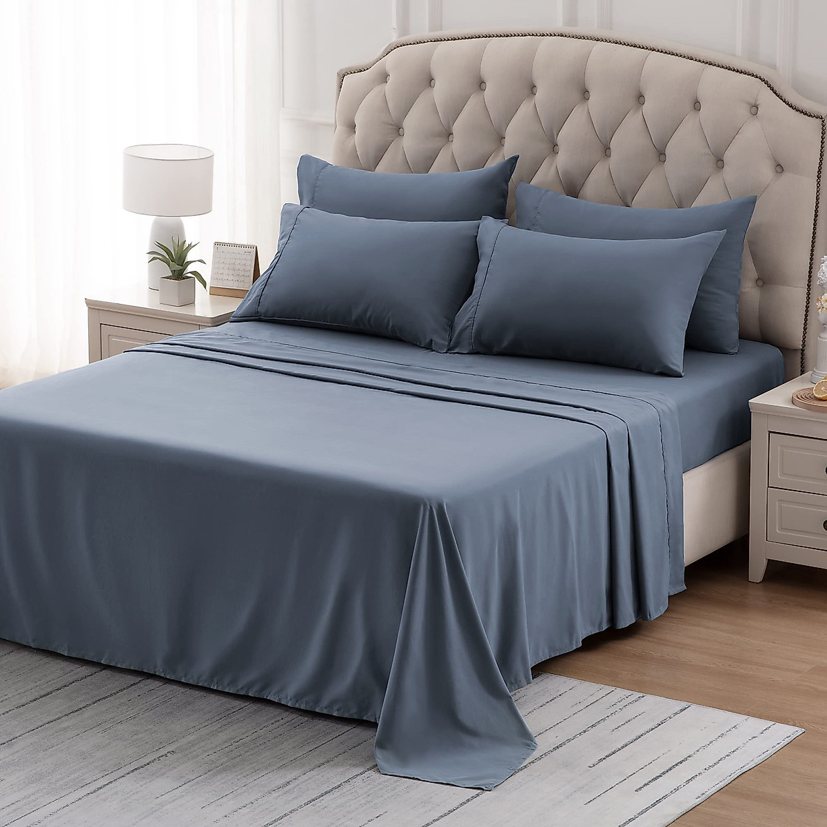 SLEEP ZONE® Nanotex® Super Soft Cooling Full Size Bed Sheets Set 4 Piece - Easy Care Fitted Flat Sheet & Pillowcase Sets - Wrinkle Free, Fade Resistant, Deep Pocket 16" (Flint Blue, Full)