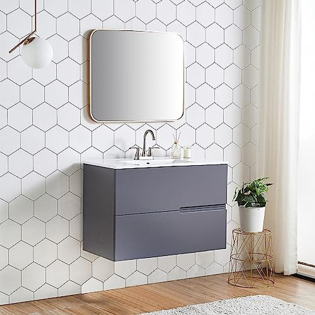 36" Bathroom Vanity with Sink,Wall Mounted Bathroom Vanity Cabinet,Gray Bath Vanity with White Ceramic Sink & Soft-Close Cabinet Door,Modern Floating Bathroom Vanity for any style of bathroom
