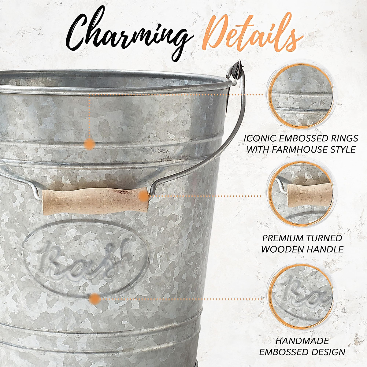 Autumn Alley Farmhouse 2 Pack Bathroom Trash Can - Rustic Galvanized Trash Can Bucket with Wooden Grip for Rustic Bathroom, Farmhouse Kitchen, Country Home Décor, 7 Liter, Galvanized Grey