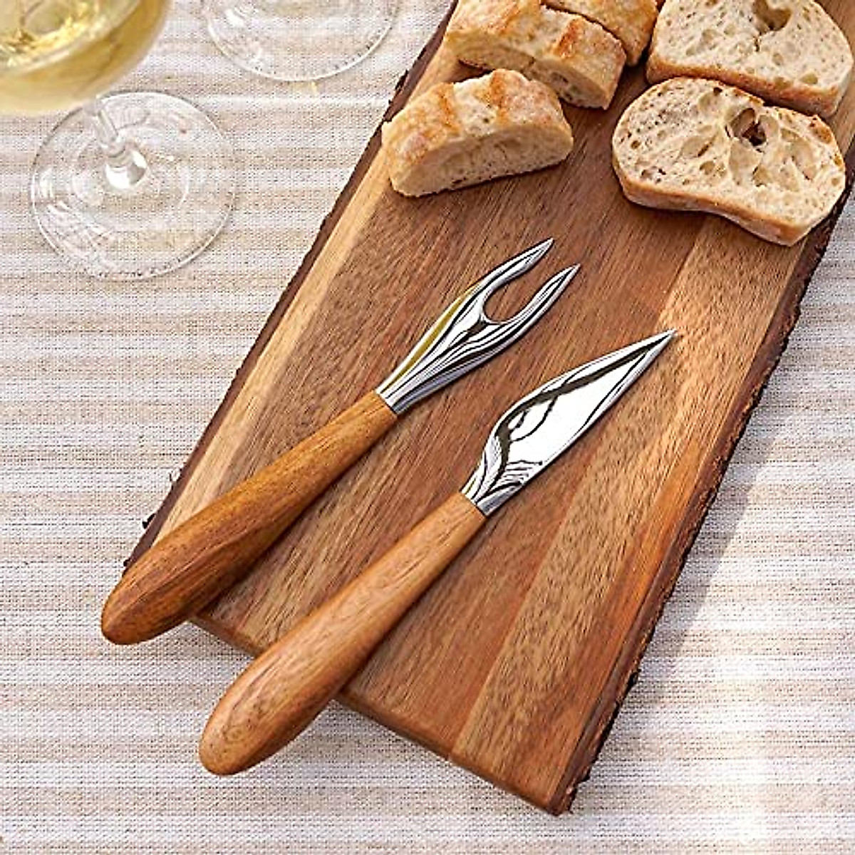 nambe Curvo Cheese Set | Cheese Knife and Fork Utensil Set for Charcuterie Board | Made of Stainless Steel and Acacia Wood | Designed by Steve Cozzolino