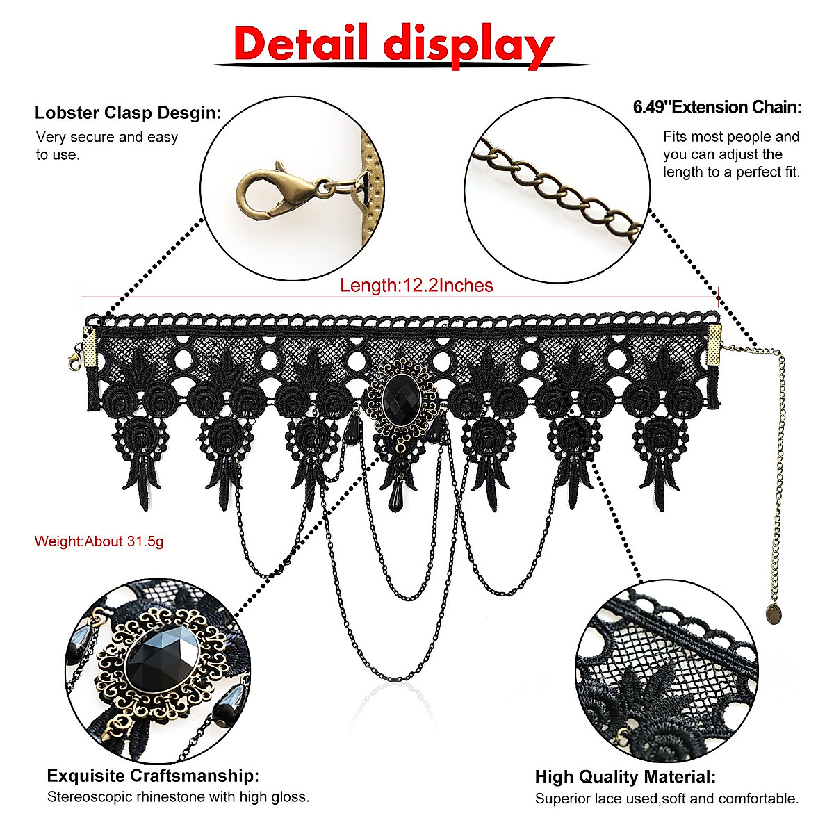 ETERNITY J. Elegant Vintage Princess Black Lace Gothic Statement Necklace Bracelet Victorian Lolita Choker Pendant Vampire Chain