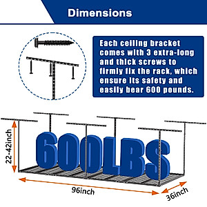 GIOTORENT 3x8FT Overhead Garage Storage Rack, Heavy Duty Metal Garage Ceiling Storage Racks, Adjustable Garage Shelving/Garage Organization/Garage Storage Shelves, 600lbs Weight Capacity, Black
