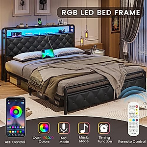 ADORNEVE Queen LED Bed Frame with Storage Headboard,Faux Leather Queen Size Platform Bed Frame with Power Outlets & USB Ports,Noise-Free,Black