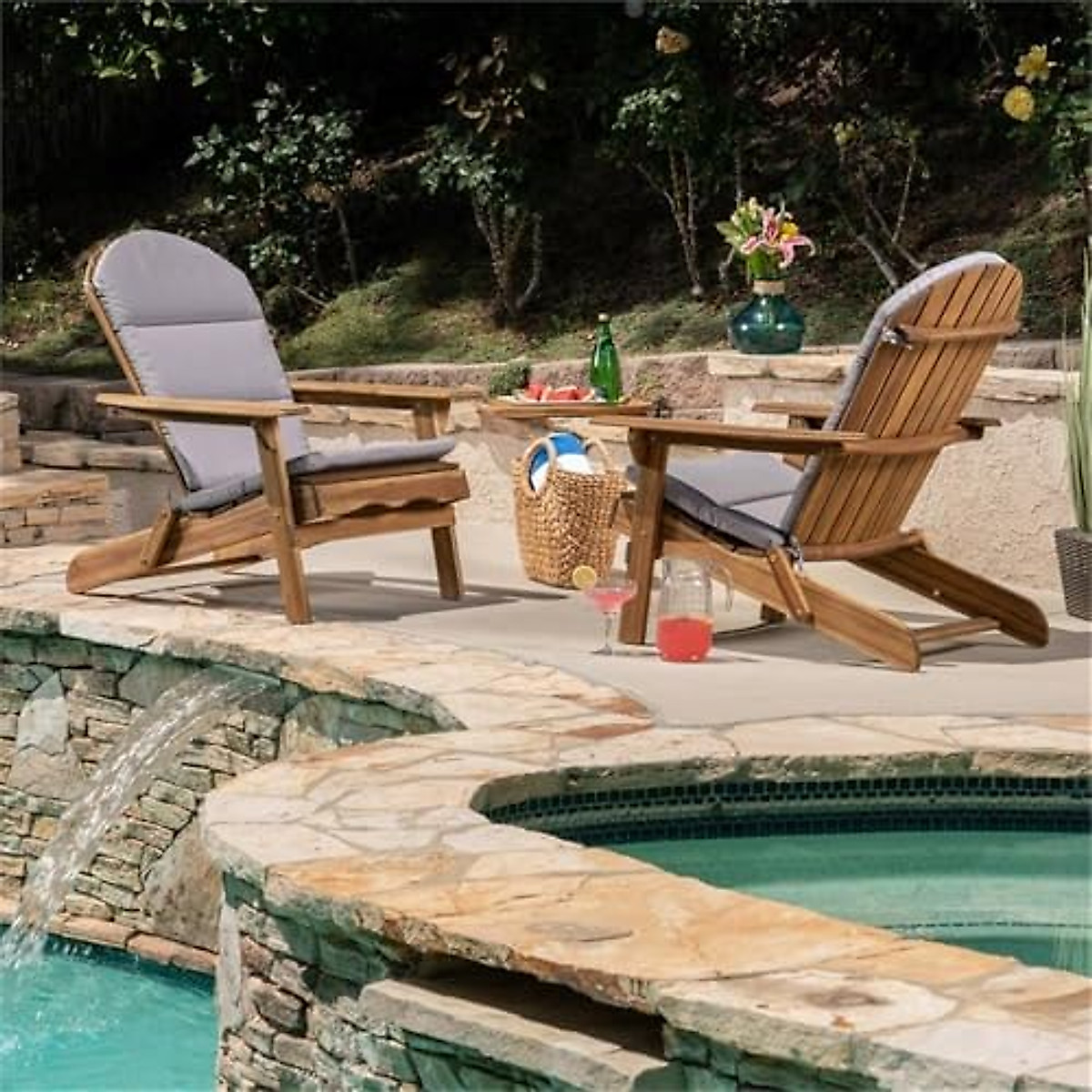 Noble House Malibu Wood Adirondack Chair with Cushion (Set of 2) Natural/Gray