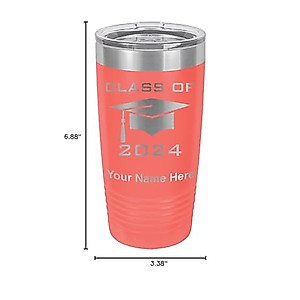 LaserGram 20oz Vacuum Insulated Tumbler Mug, Grad Cap Class of 2023, 2024, 2025, 2026, 2027, Personalized Engraving Included (Coral)