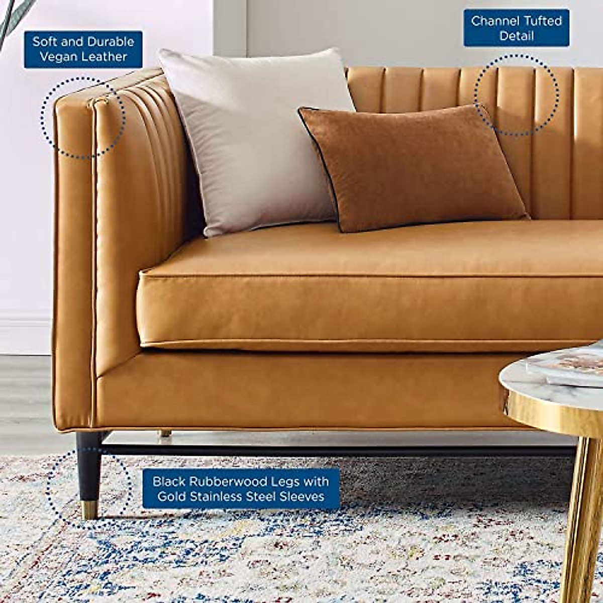 Modway Devote Channel Tufted Vegan Leather, Sofa, Tan