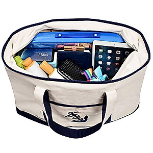 inOne 25" Extra Large Canvas Tote Bag Heavy Duty Roomy Zipper Grocery Shopping Carry Beach Boat Bag Handbag with Embroidered Anchor - Beige