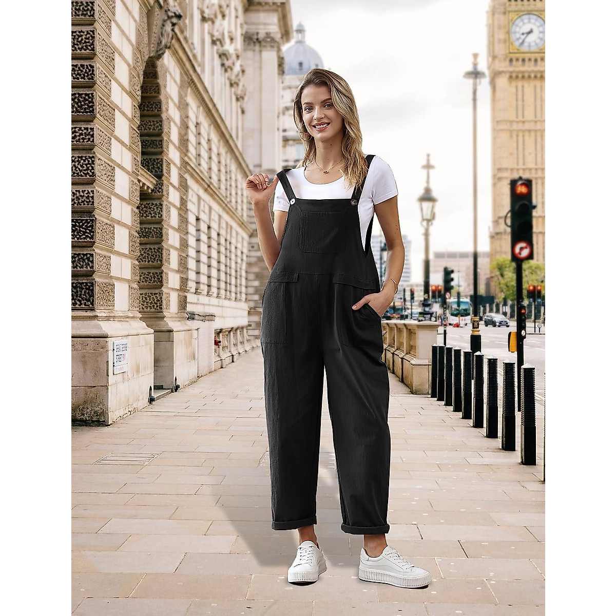 YESNO Women Long Casual Loose Bib Pants Overalls Baggy Rompers Jumpsuits with Pockets (XL PV9 Black)