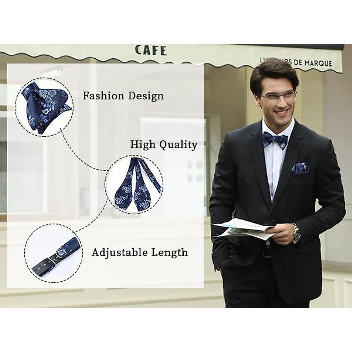HISDERN Bow Ties for Men Navy Blue Floral Self Tie Bow Tie and Pocket Square Classic Bowties Formal Business Tuxedo Wedding Bowties Handkerchief Set
