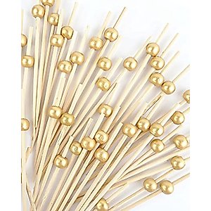 Gold Pearl Cocktail Picks, 200 Pcs Reusable Toothpicks for Appetizers, 4.7 Inch Handmade Bamboo Skewers for Party