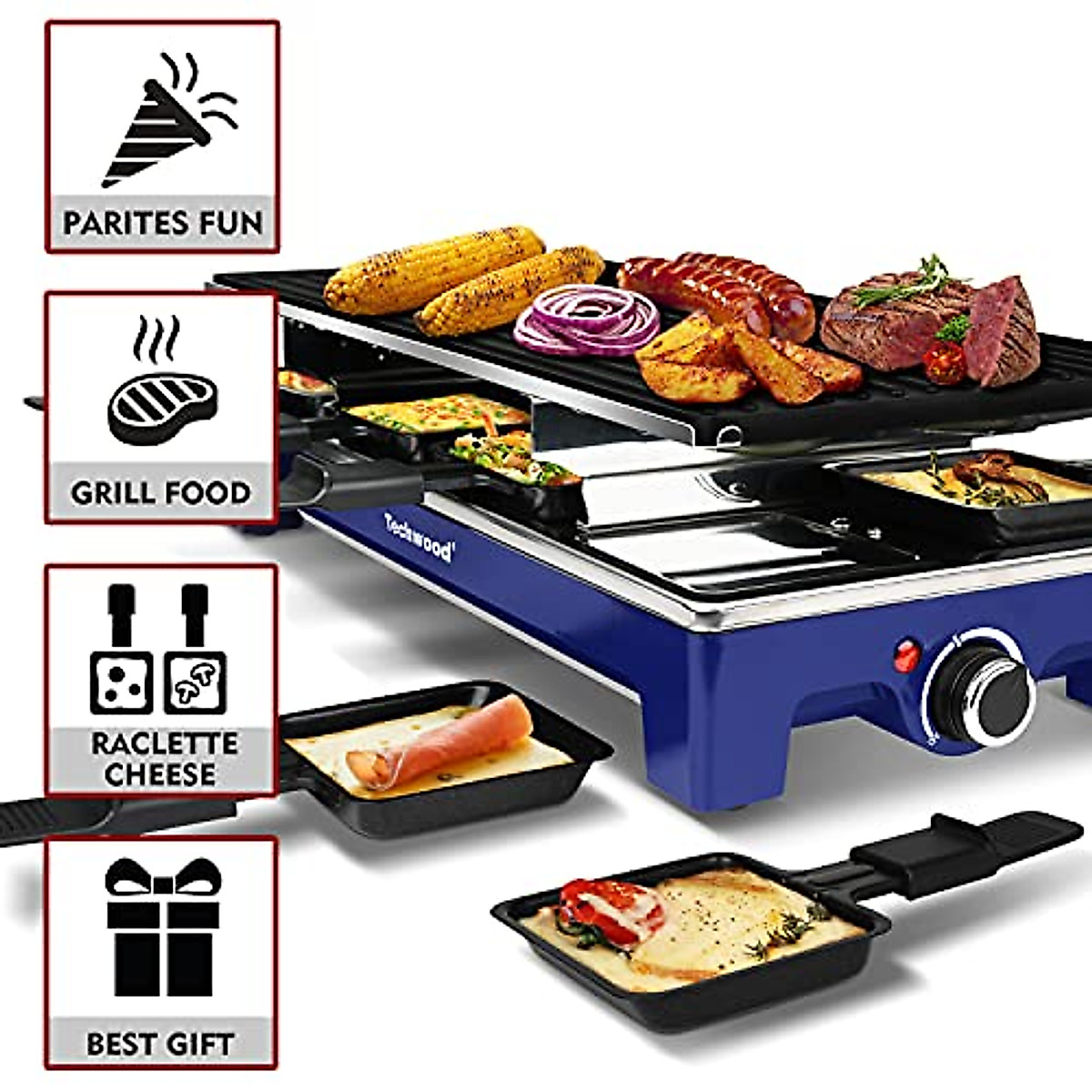 Raclette Grill, Techwood Electric Table Indoor Grill Korean BBQ Grill, Removable 2-in-1 Non-Stick Grill Plate, 1500W Fast Heating with 8 Cheese Melt Pans, Ideal for Parties and Family Fun (Blue)