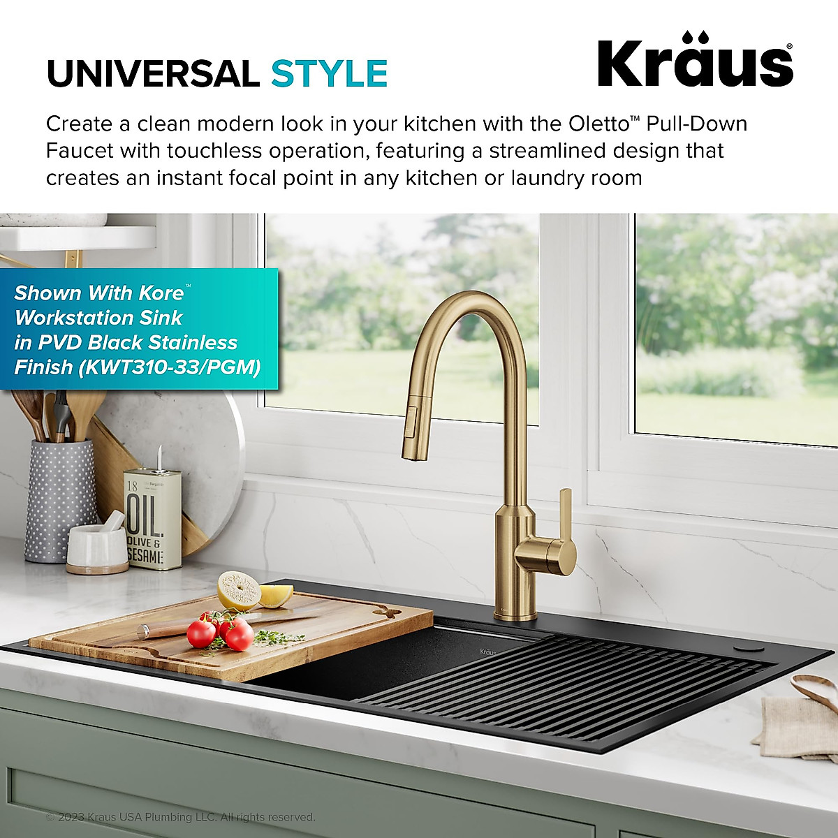 KRAUS Oletto Touchless Sensor Pull-Down Single Handle Kitchen Faucet in Brushed Brass, KSF-2830BB