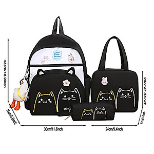 DAHUOJI 3PCS Kawaii Backpack Set 17in Cat Embroidery Backpacks Aesthetic School Bag Cute Bookbag with Lunch Bag,Pencil Box,Duck Pendant & Badge,Black