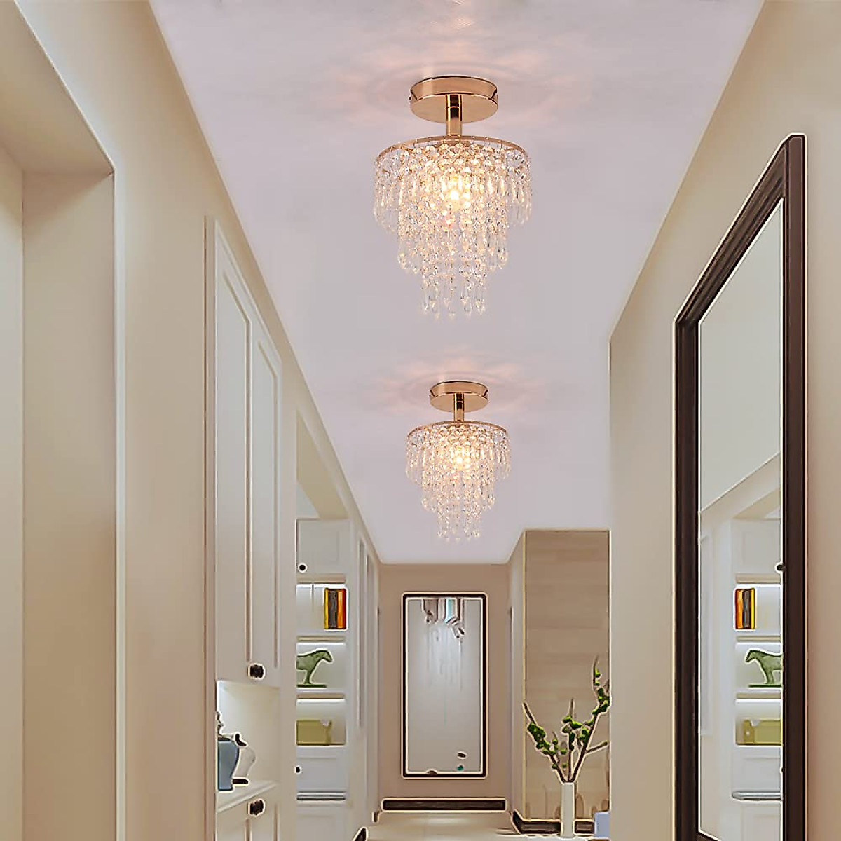 FRIXCHUR Mini Size Crystal Chandelier Modern Flush Mount Ceiling Light 3 Tiers Raindrops Crystal Pendant Lighting Fixture Decoration for Bedroom Hallway Living Room,E26 Base,Gold