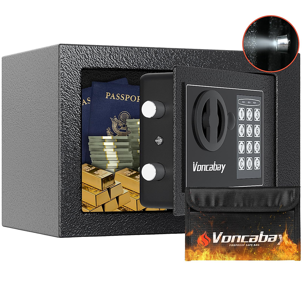 Voncabay Money Safe Box for Home with Sensor Light & Fireproof Money Bag for Cash Safe, Security Safe Box for Money Safe with Keys & Pass Code, Lock Box Fireproof Safe with Digital Keypad