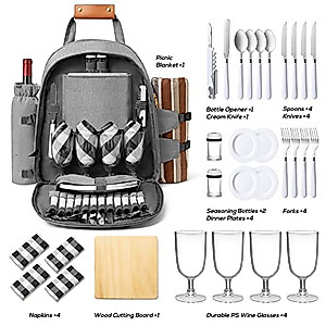 DHAEE Picnic Backpack Bag for 4 Person with Cooler Compartment and Wine Holder,Fleece Blanket,Cutlery Set,for Camping,Beach,Day Travel,Hiking,BBQ and Family/Couples Gifts,Accessories,Supplies(Gray)