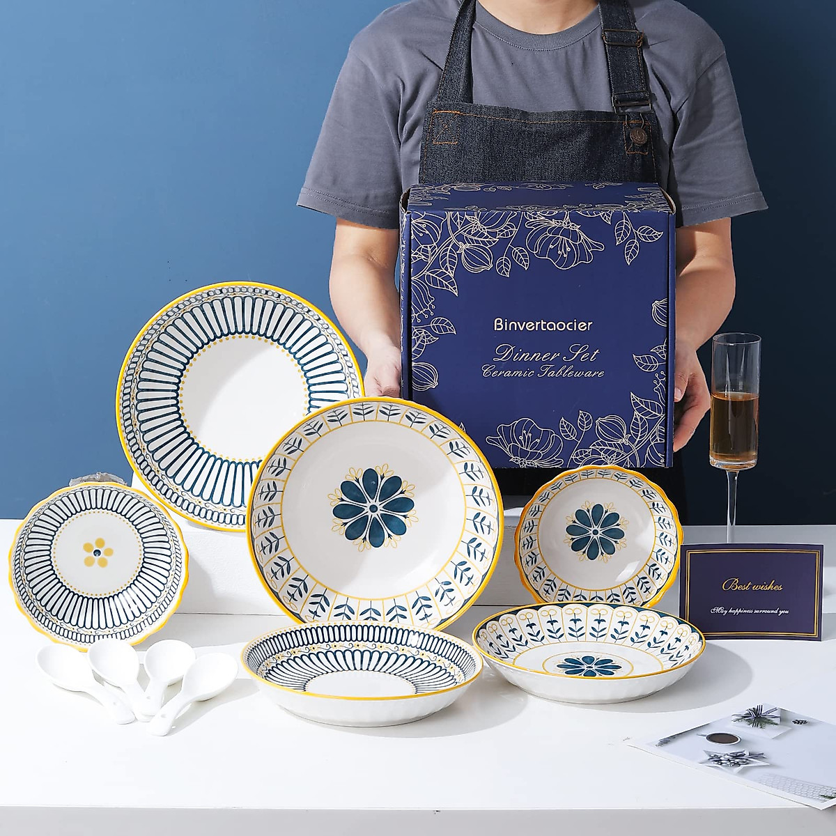 Binvertaocier Ceramic 10-Piece 56 Oz Large Soup Bowls and Spoons Set, 9 Inch Large Serving for Kitchen Pasta, Ramen, Pho Bowls and Soup Spoons Set,Dishwasher & Microwave Safe