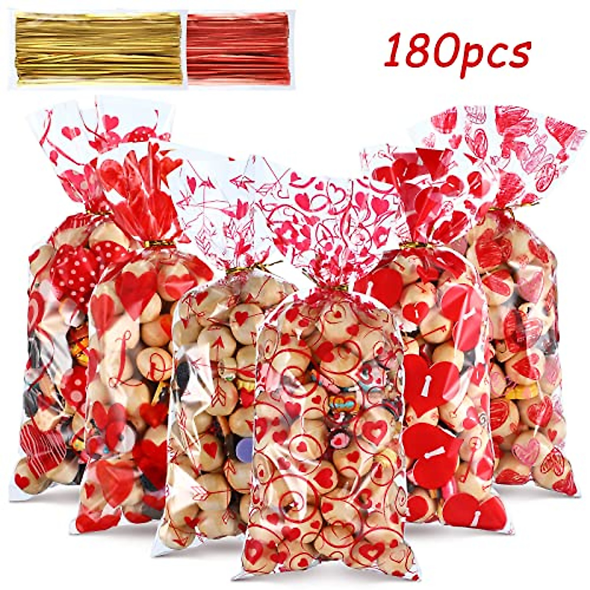 Blulu 180 Pieces Valentines Treat Favor Bags Cellophane Plastic Clear Candy Goodie Gift Bags with 200 Pieces Gold and Red Twist Ties for Valentine's Day Party Decorations, 6 Assorted Styles