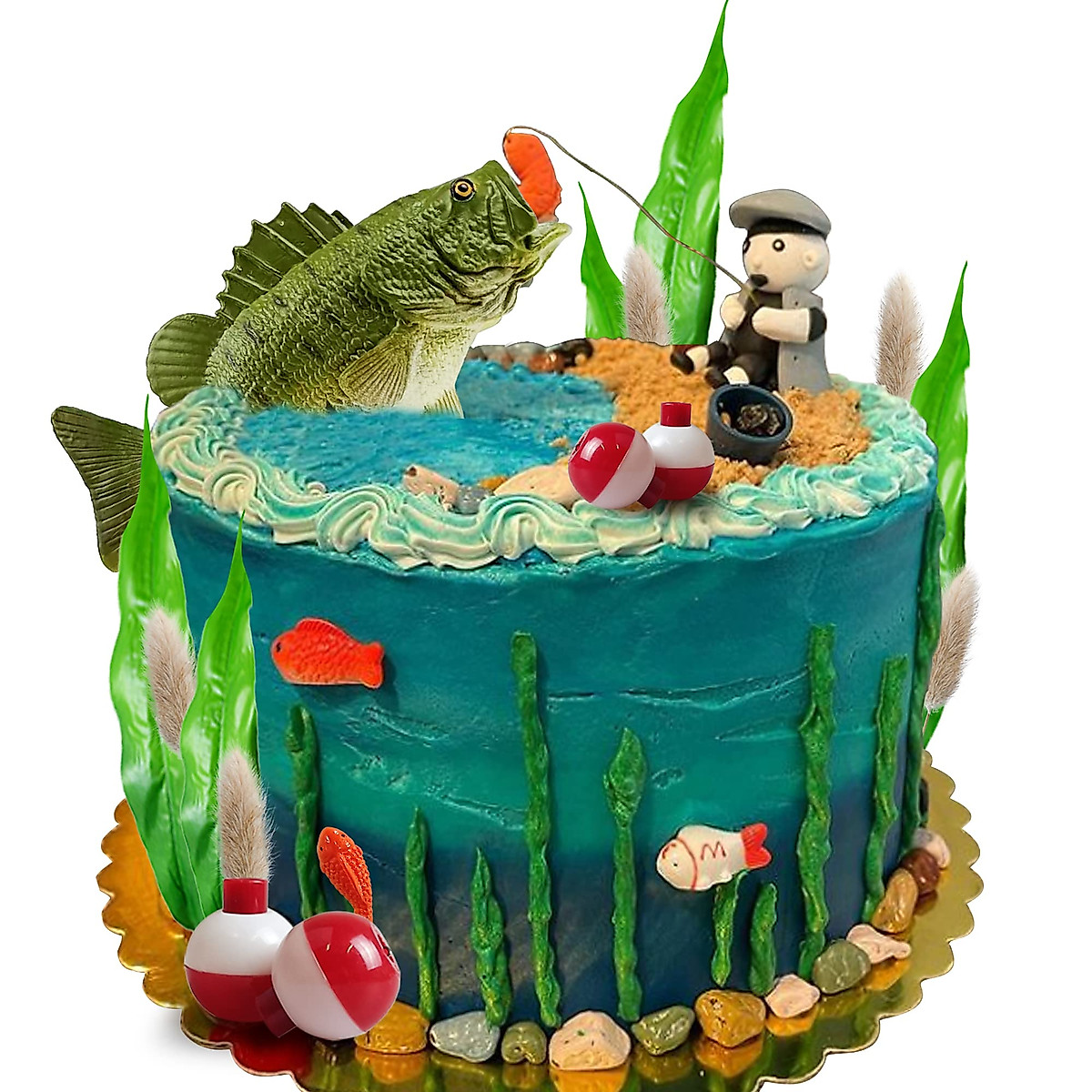 24PCS Gone Fishing Cake Topper Fisherman Fish Cake Decoration for Catching the Big One Birthday Theme Party Supplies