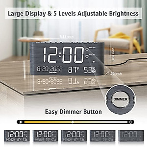 Digital Wooden Alarm Clock with Dual Alarm,Weekday/Weekend Mode,Adjustable Volume,Humidity & Temperature Detect,2-100% Dimmer,12/24H,Snooze,2 USB Chargers,Battery Backup, Loud Alarm Clock for Bedroom