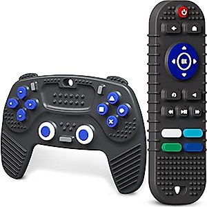 Mgtfbg 2-Pack Silicone TV Remote Control & Gaming Handle Teething Toys for Babies 6-18 Months, Boys Girls Baby Molar Teether Chew Toys Set Gift（Black)