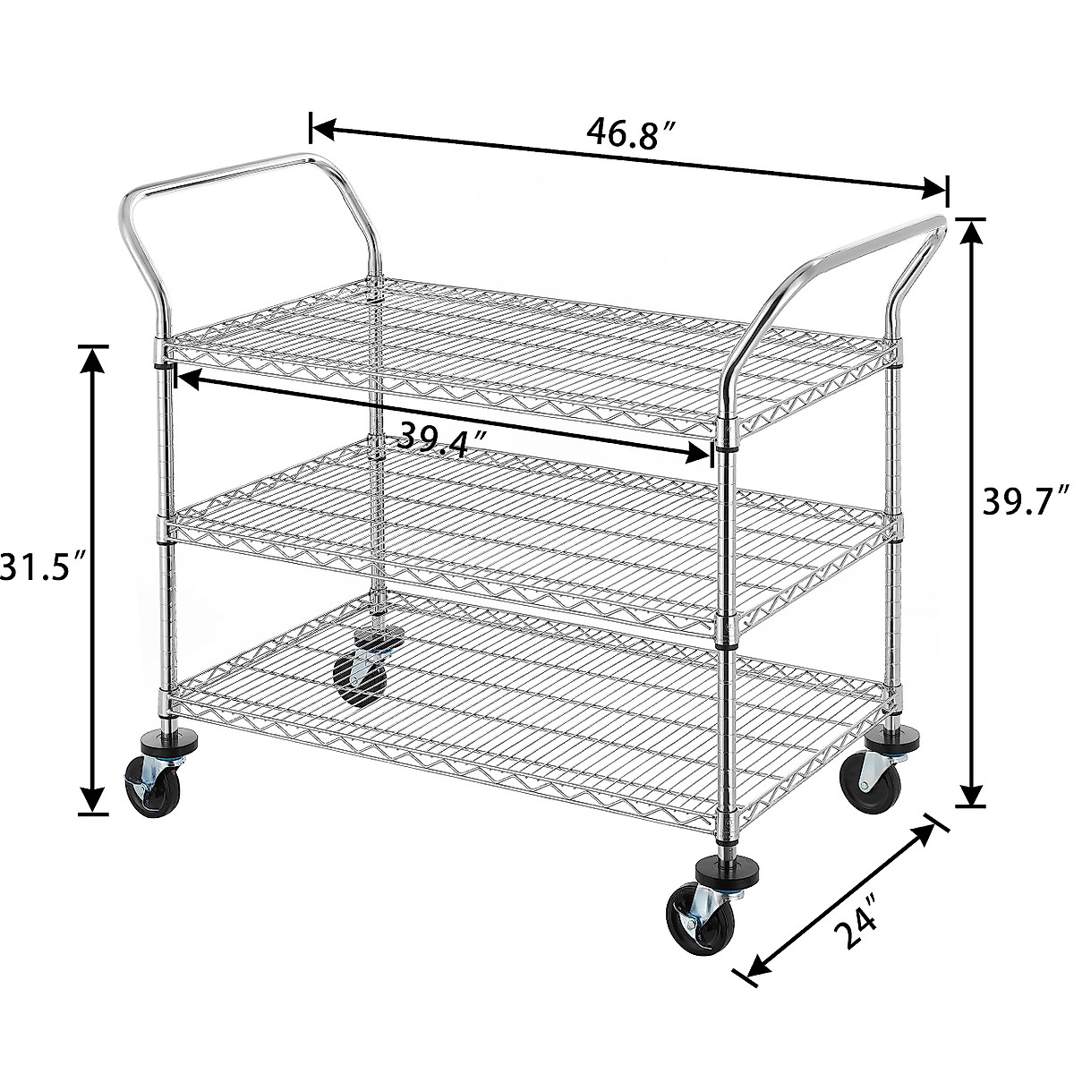 Finnhomy 3-Tier Commercial Grade Rolling Cart, Heavy Duty Utility Cart, Carts with Wheels and Handles, Kitchen Cart on Wheels, Metal Serving Cart with 600 lbs Capacity, Shelf Size 24" D x 40" W, NSF