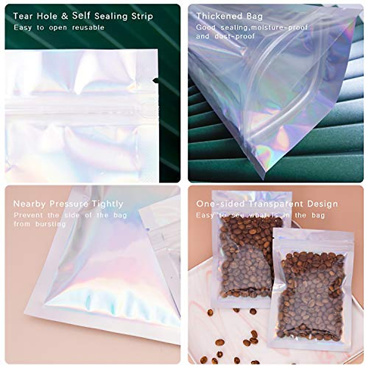 100 Pieces Resealable Smell Proof Bags - 4 x 6 Inches Foil Pouch Bags， Flat Clear Ziplock Food Storage Bags Plastic Packaging Foil Mylar Bags for Party Favor Food Storage (Holographic Rainbow Color)