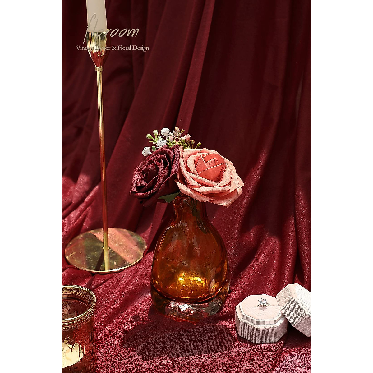 Floroom Artificial Flowers 25pcs Real Looking Burgundy & Pinky Cedar Foam Fake Roses with Stems for DIY Wedding Bouquets Bridal Shower Centerpieces Floral Arrangements Party Tables Home Decorations