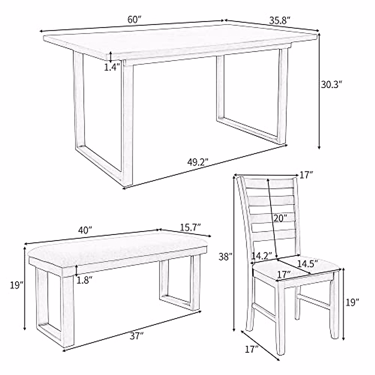 Merax 6 Piece Kitchen Dining Room Set with One Rectangle Table,4 Padded Chairs and Padded Bench Wood Rustic Dining Set of 6 Family Furniture Set for 6 to 8 Persons, Smoky Gray