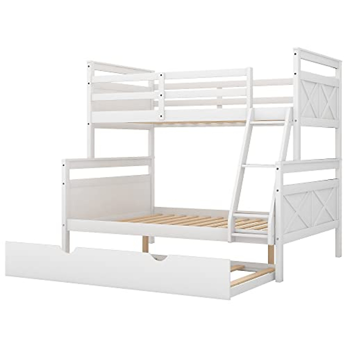 DEYOBED Twin Over Full Wooden Bunk Bed with Trundle - Convertible Sleep Solution for Kids & Teens | Easily Separates into 2 Beds | Twin-Full Size | Space-Saving Design | White |