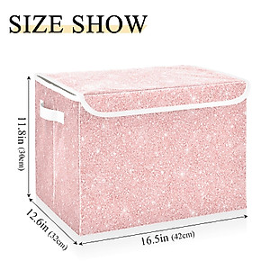 Ollabaky Pink Glitter Larger Foldable Storage Bin Fabric Decorative Storage Box Cube Organizer Container Baskets with Lid Handles for Closet Organization, Shelves