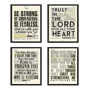 Joshua 1:9, Proverbs 3:5, Jeremiah 29:11, Philippians 4:13 Christian Art Prints, Set of 4, Unframed, Bible Verse Scripture Wall Decor Poster, 8x10 Inches