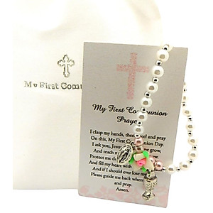 First Communion Rosary Bracelet Rose Stretch Wrist Fashion for Girls with Holy Prayer Card and Bag Gift Set