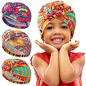 Geyoga 3 Pieces Kids Cancer Headwear African Knot Pre Tied Turban Soft Cotton Stretch Head Wrap for Boys Girls(Classic Pattern)