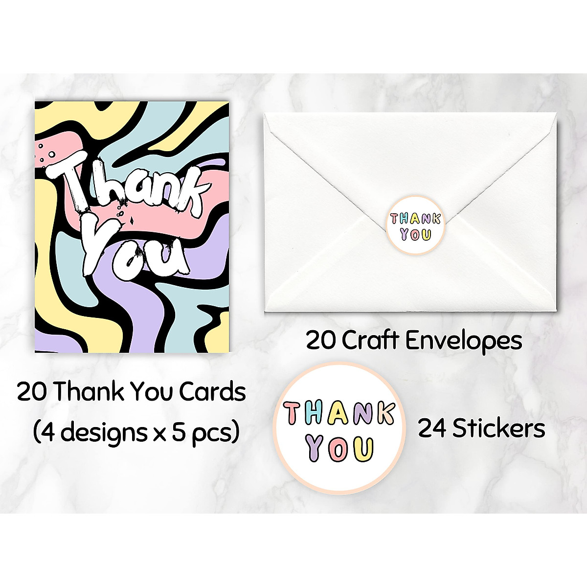 20 Pcs Cute Thank You Cards With Envelopes For Kids, Teens And Adults Colorful Tank You Notes Cards Blank Inside For All Occasions, Girls Birthday, Baby Shower, Party, Small Business, Sweet 16, With Stickers and Envelopes, 4.25x5.5