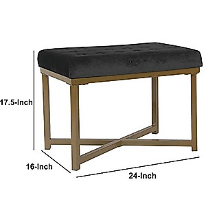 Benjara Metal Framed Ottoman with Button Tufted Velvet Upholstered Seat, Black and Gold