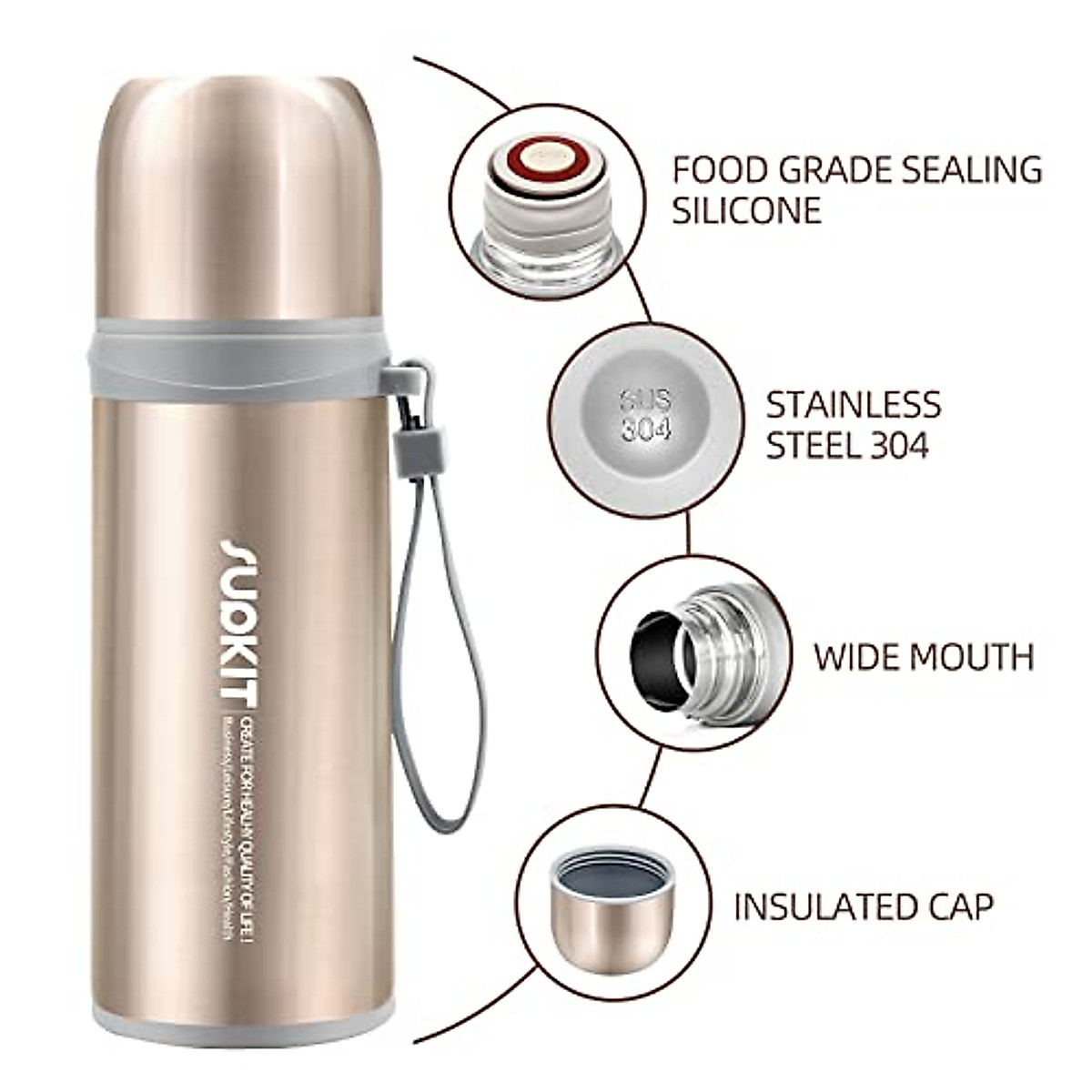 SUPKIT Small Coffee Thermos, Stainless Steel Thermos Cup, BPA Free, Insulated Water Bottle for Hot Drink and Cold Drink, Perfect for Biking, Camping, Office, Car or Outdoor Travel (12 oz, Silver)